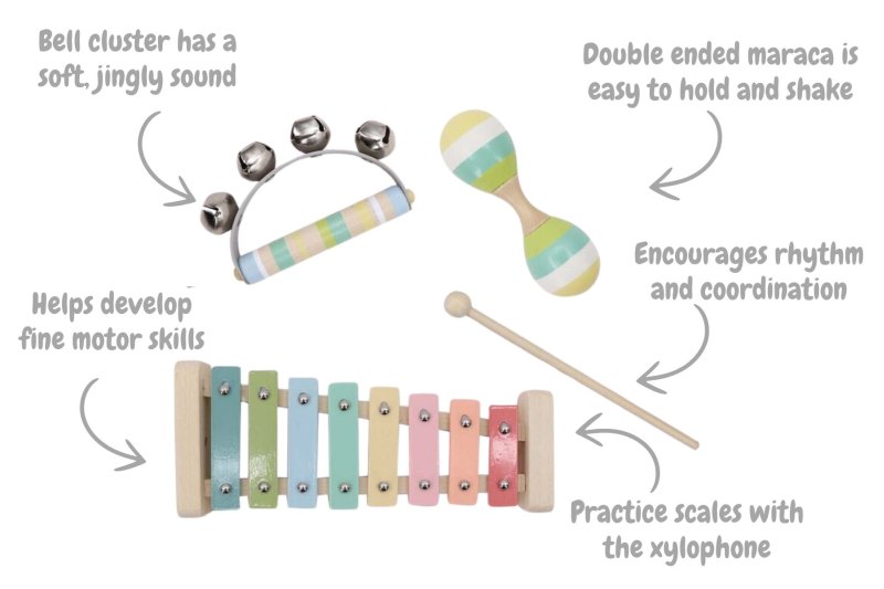 Xylophone Bell Maraca Music Set Blue at My Wooden Toys